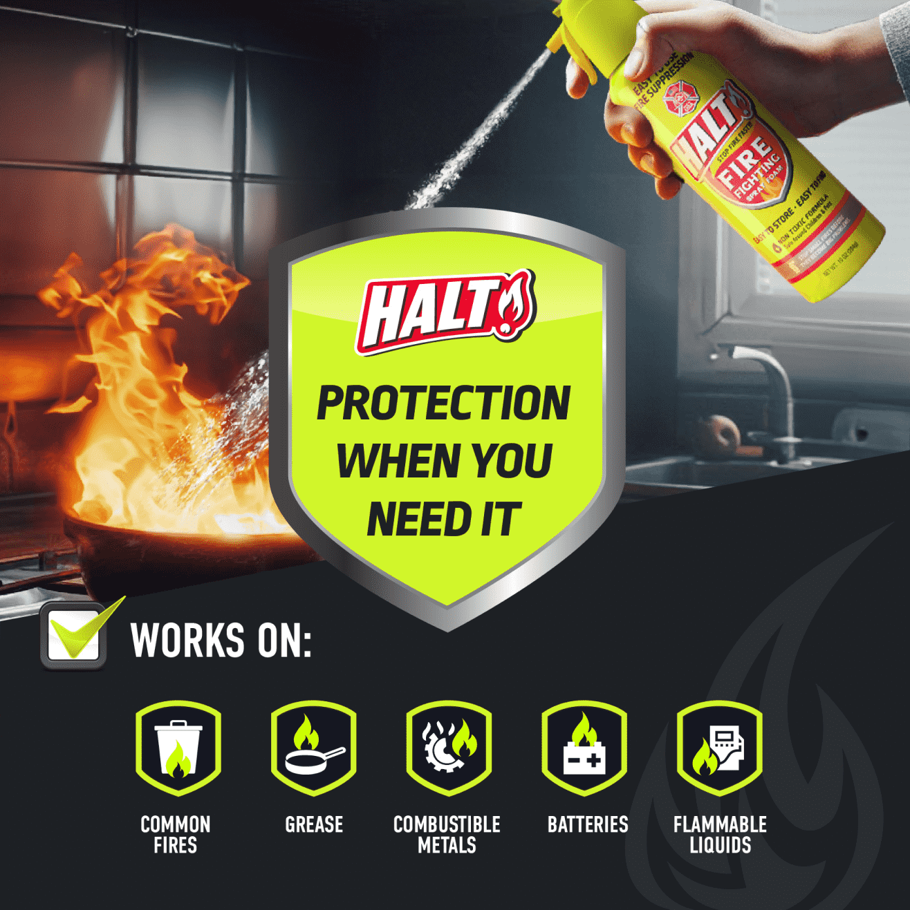 Compact, Non-Toxic Fire Suppressant – Easy to Use, Made in the USA – Halt
